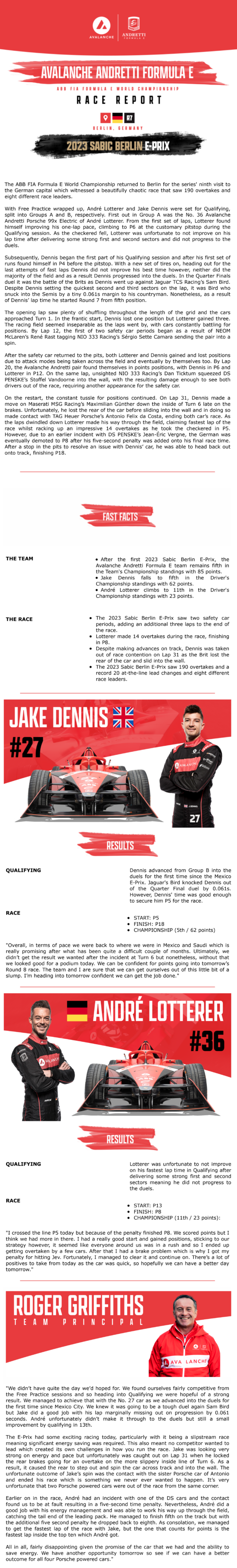 Avalanche Andretti Formula E Sabic Berlin E-Prix Race 1 Report ...